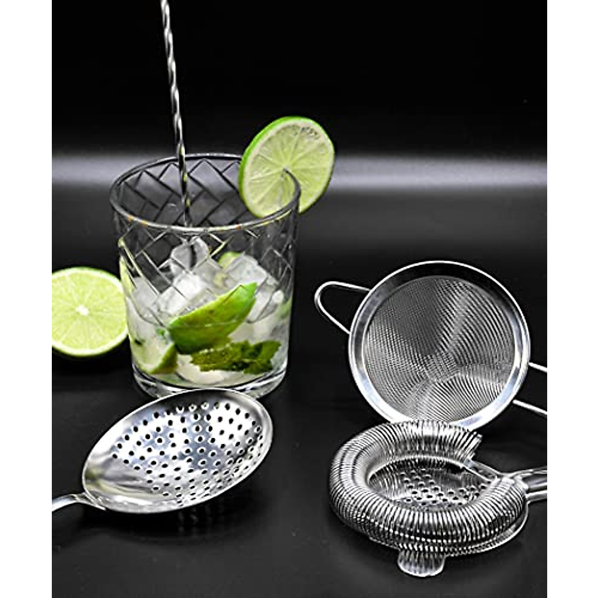 TheBarsentials Cocktail Strainer Set Stainless Steel Bar Tool with Stirring Spoon - Hawthorne Strainer, Julep Strainer, Fine-Mesh Strainer/Sifter