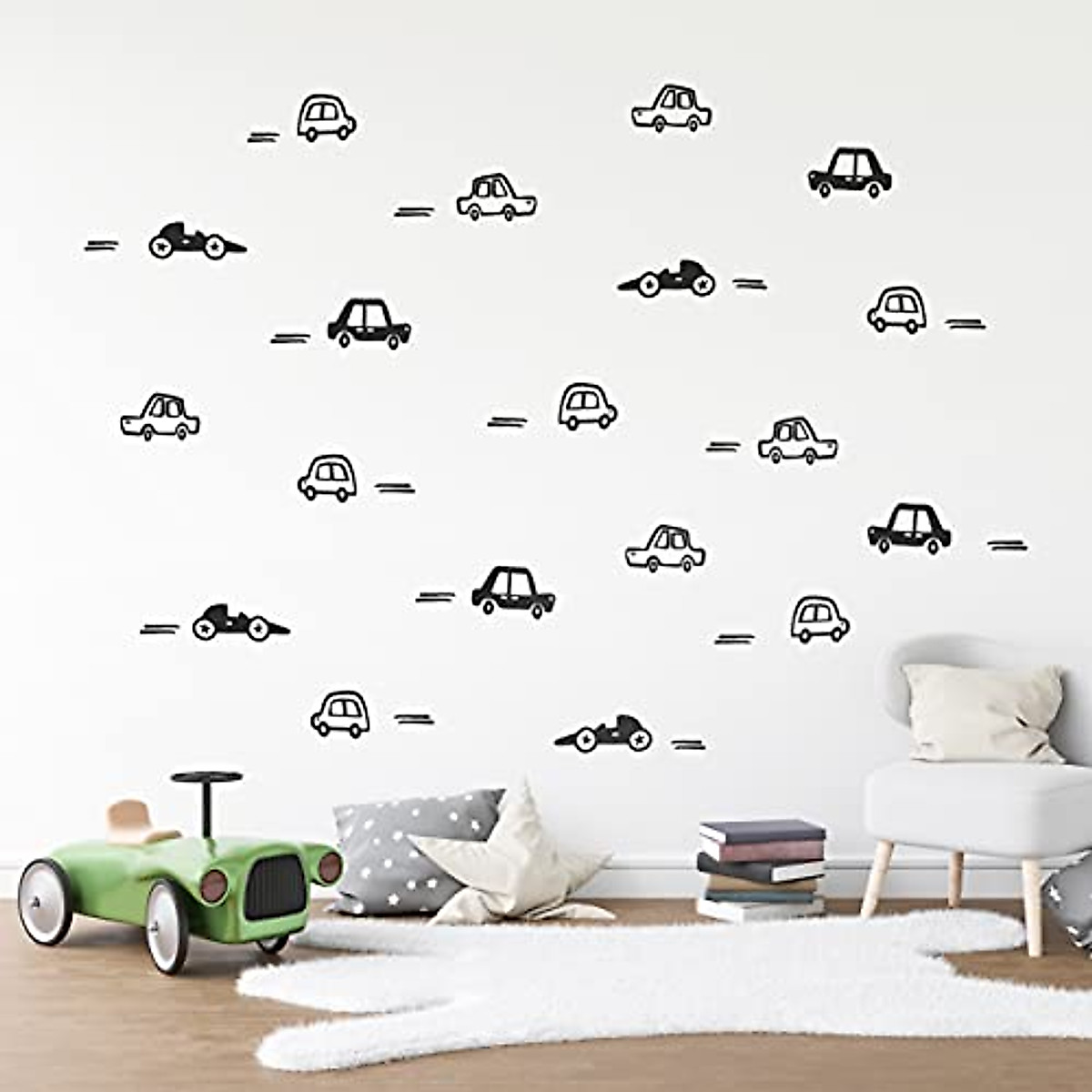 The Boho Design Cars Wall Decals Peel and Stick for Kids, Baby Bedroom Nursery and Living Room. 34 Adhesive Vinyl Wall Stickers Decor. 19 Cars. Original Artist Design (Black)