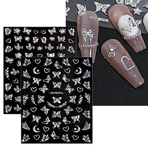 JMEOWIO 12 Sheets Aurora Holographic Butterfly Nail Art Stickers Decals Self-Adhesive Pegatinas Uñas Glitter Flower Nail Supplies Nail Art Design Decoration Accessories
