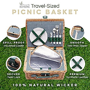 Handmade Wicker Picnic Basket for 2 with Insulated Cooler, Ceramic Plates, Utensils & Wine Glasses - Perfect Picnic Set for Camping, Outdoors, Photoshoot, or a Birthday, Valentine’s Day, Wedding Gift