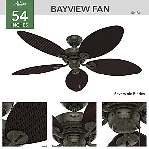 Hunter Bayview Indoor / Outdoor Ceiling Fan with Pull Chain Control, 54", Provencal Gold