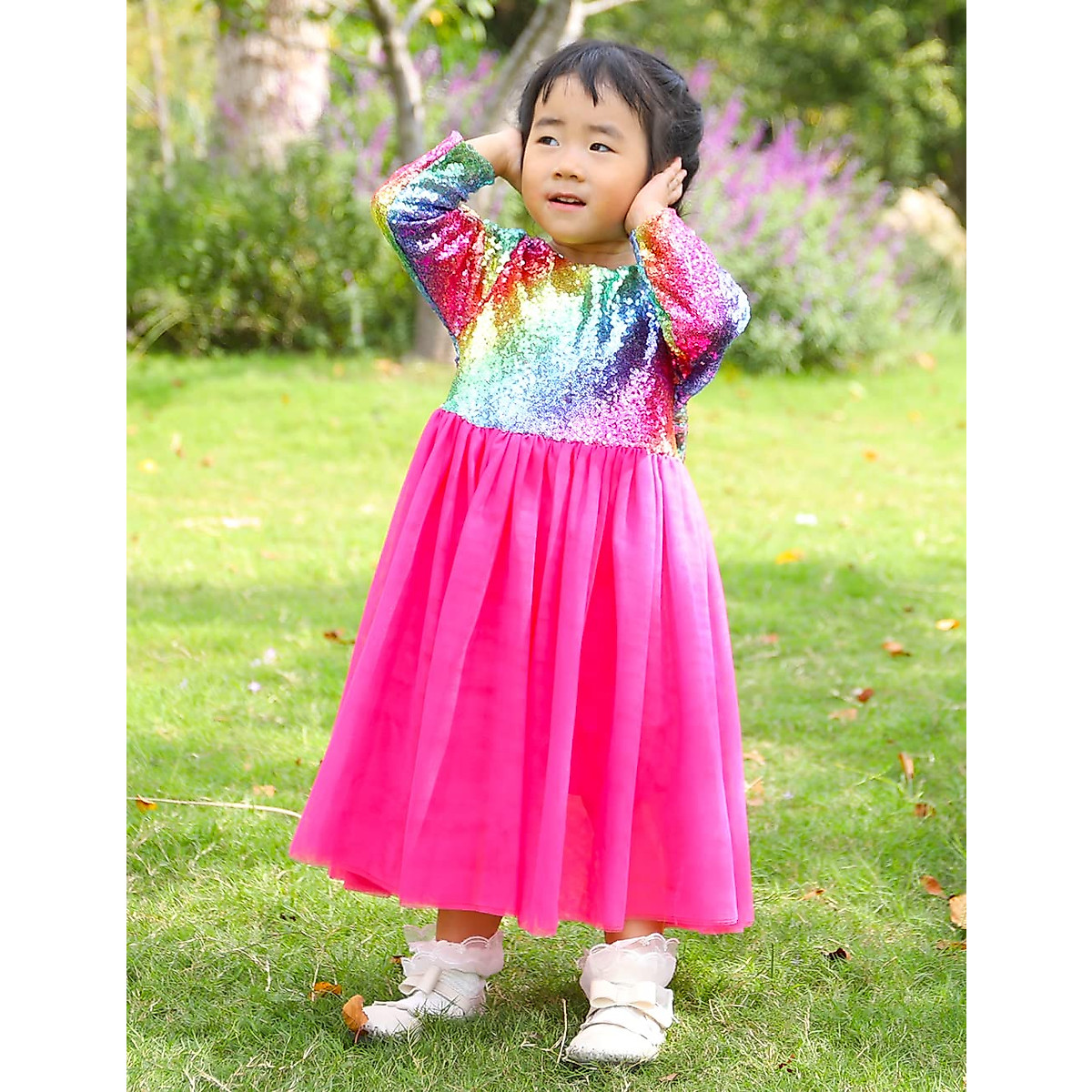 Cilucu Flower Girl Dress Sequin Dress Baby Toddler Long Sleeve Dress Tutu Kids Party Birthday Christmas New Year Dress Rainbow Hot Pink 4T-5T