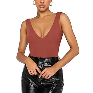 REORIA Women's Summer Sexy Plunge Deep V Neck Sleeveless Double Lined One Piece Tank Tops Thong Bodysuits Leotards For Going Out Rusty Red Small