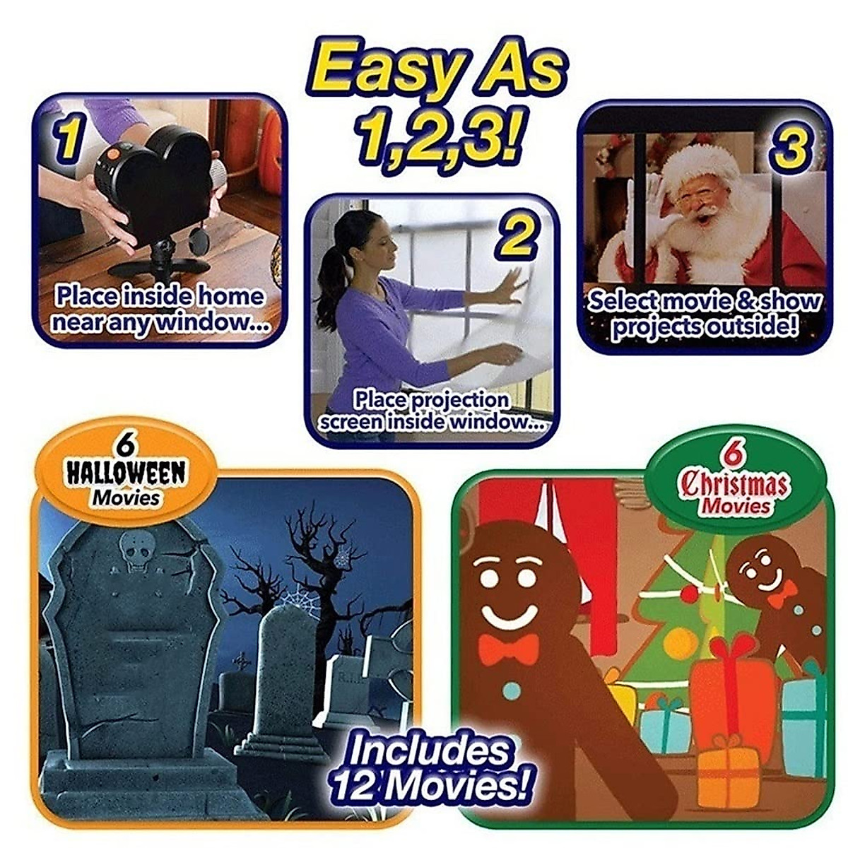 UOOD Christmas Halloween Window Projector Light,12 Movies Festival LED Projection Decoration Spotlight for Home Outdoor Party Turns Your Windows into Movie Screens The Best Gift for Children at Christ