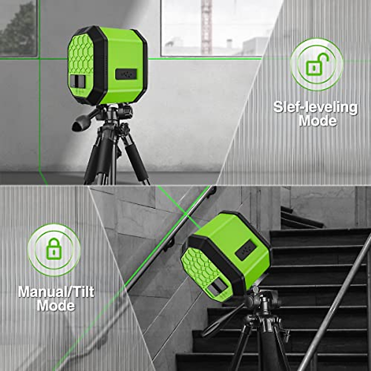 Huepar Green Beam Cross Line Laser Level, Self-Leveling Vertical and Horizontal Line Laser Leveler Tool with Rechargeable Li-ion Battery for Construction, Picture Hanging &Wall Writing Painting-FC011G