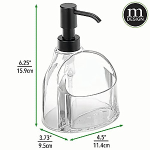 mDesign Modern Plastic Kitchen Sink Countertop Liquid Hand Soap Dispenser Pump Bottle Caddy with Storage Compartment - Holds and Stores Sponges, Scrubbers and Brushes - Clear/Black
