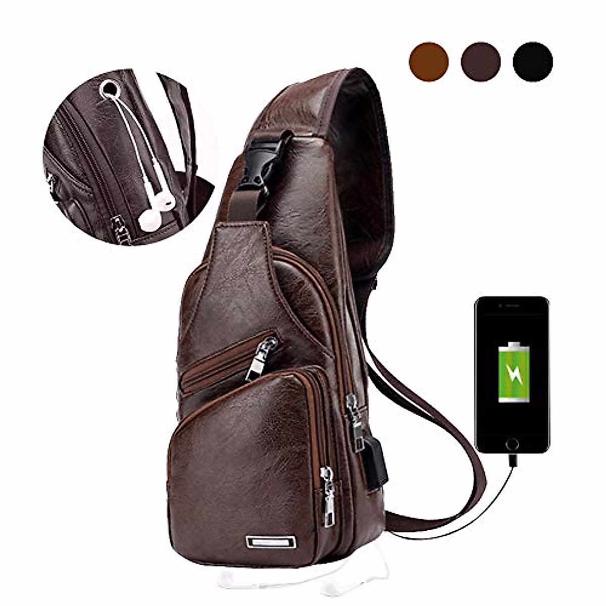 JUMO CYLY Leather Sling Bag with USB Charging Port Large Mens Crossbody Shoulder Bag Travel Sling Chest Bag (Small Deep Brown)