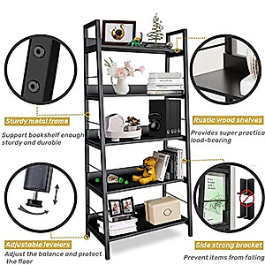 Himimi Ladder Bookshelf Black,Tall Bookcase and Book Shelf 5 Tier Shelves, Industrial Modern Wood Display Shelf Book Case with Metal Frame,Storage Rack Home Office Furniture for Living Room,Bedroom