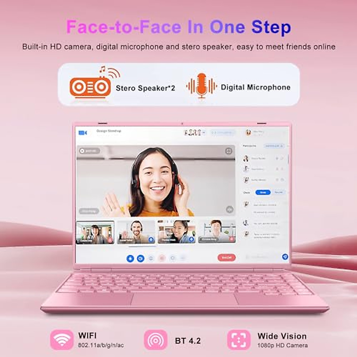 Ruzava/Aocwei 14" Laptop 8GB DDR4 256GB SSD Celeron Intel N5095 (Up to 2.9Ghz) 4-Core Win 11 PC with Cooling Fan 1920 * 1200 2K FHD Screen Dual WiFi Support 1TB SSD Expand for Game Work Study-Pink