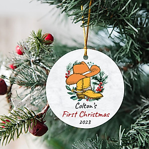 MeMate Personalized Babys First Christmas 2023 Ceramic Ornament, Western Baby's 1st Christmas Ornaments Keepsake, Cowboy Baby Name Ornaments, Christmas Decoration for Newborn