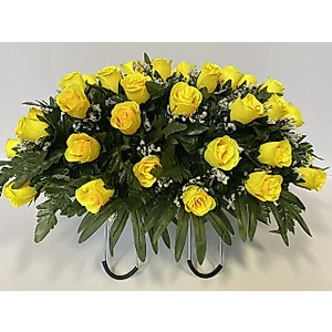 Yellow Rose with Baby's Breath Flowers Cemetery Headstone Saddle Arrangement
