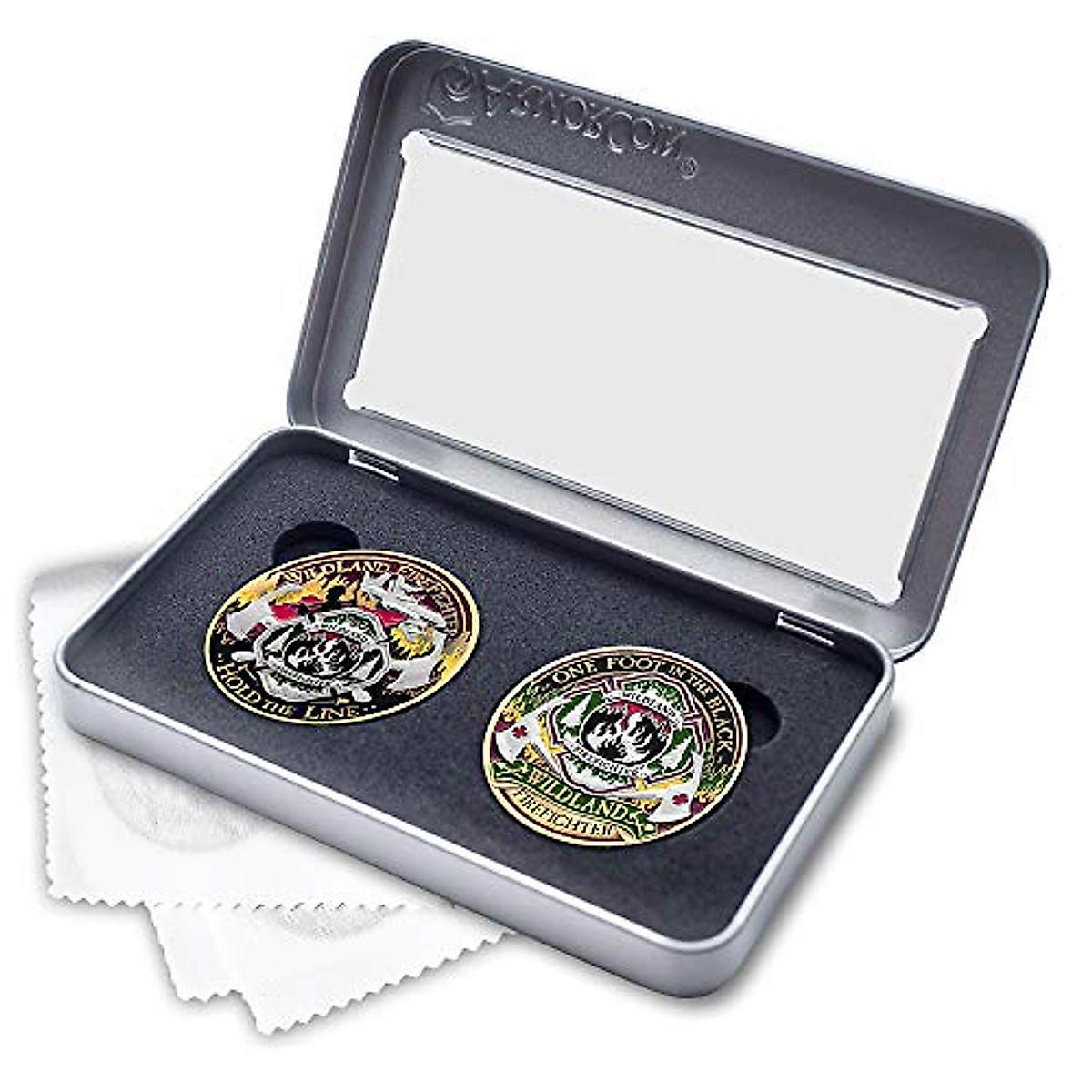 Armor Coin Wildland Firefighter Challenge Coins with Deluxe Display Tin Box Plus Bonus polishing Cloth - 2 Medallion Set