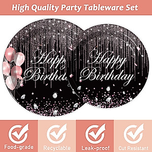 chiazllta 96 Pcs Black Rose Gold Party Disposable Paper Plate and Napkins Pink Rose Gold Birthday Party Table Decoration Supplies Pink Glitter Party Paper Plate Napkin Fork for Party Favors 24 Guests