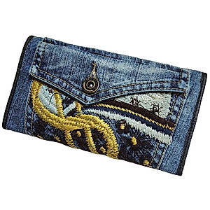 Bijoux de Ja Upcycling Blue Denim Embroidery Flap Cover Pocket Money Long Wallet Purse Clutch for Women (RANDOM)