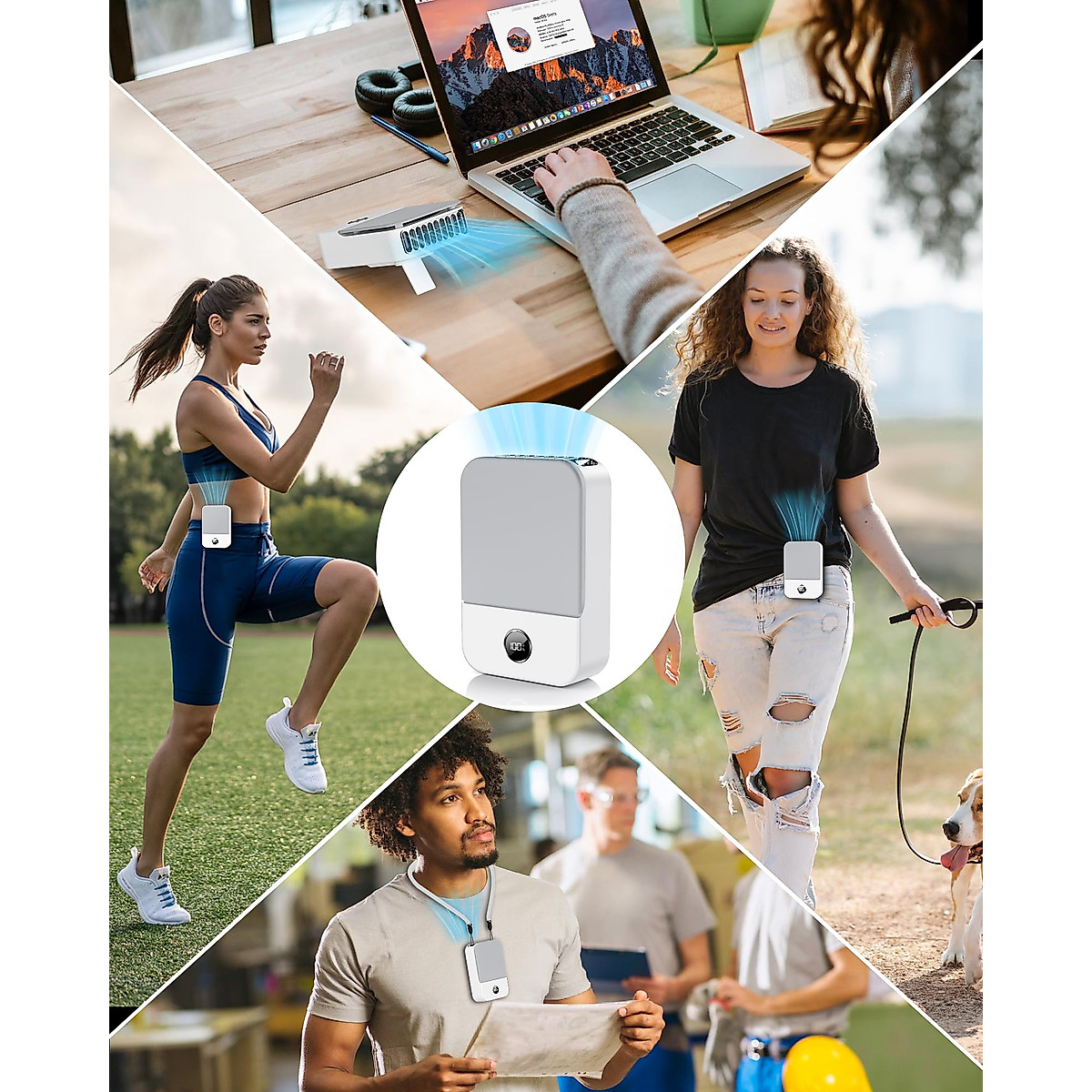 ASNUG Portable Neck Fan, 2000mAh Waist Clip Fan, USB Rechargeable Personal Fan with Lanyard, 3 Speed Adjustable, LED Display, Wearable Body Belt Fan for Kids Girls Women Men Outdoor Travel