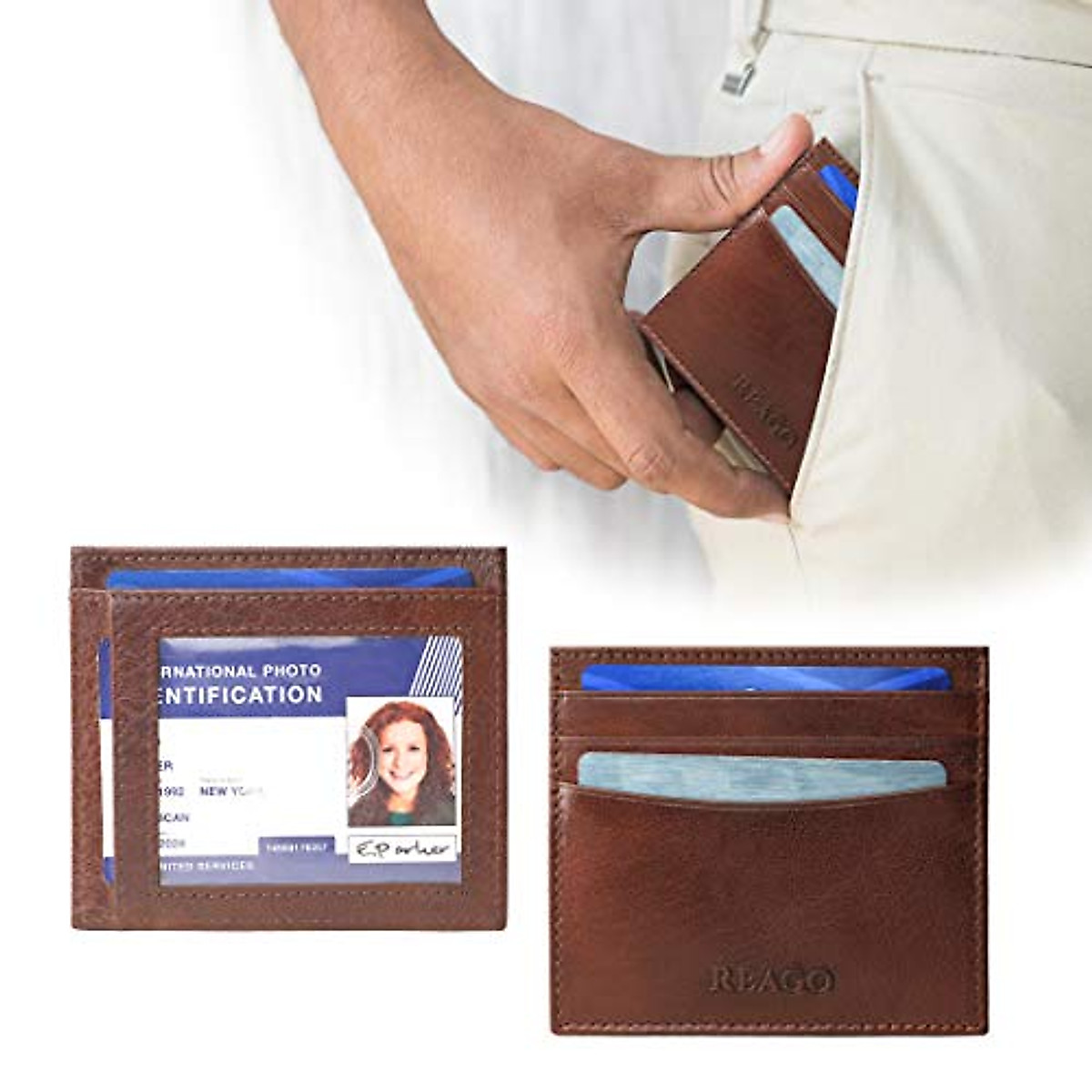 REAGO Handcrafted Front Pocket Small Slim RFID Crumpled Leather Wallet for Men Women, Credit Card Holder, Strong Stitching, Slip Pocket, ID Window, Minimalist Design, Chemical Free, Ideal Gift