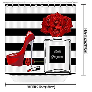 Dia Magico 4PCS Red High Heels Shower Curtain Set, Black White Striped Hello Gorgeous Perfume Lipstick Cosmetic Makeup Rose Flower Romantic Women Bathroom Decor Fabric Shower Curtain Non-slip Bath Mat