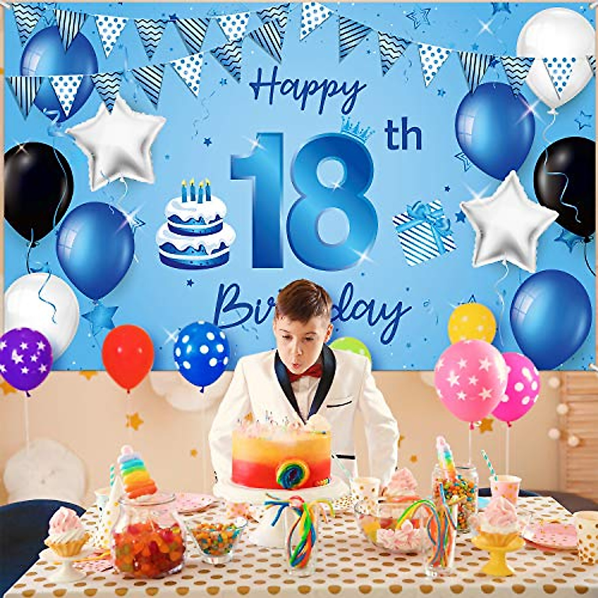 Happy 18th Birthday Backdrop Banner Extra Large Fabric Blue 18th Birthday Sign Poster Photography Background Backdrop Banner for 18th Birthday Anniversary Party Decorations Supplies, 72.8 x 43.3 Inch