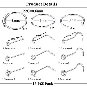 FINREZIO 15PCS 22G 20G 18G Surgical Steel Nose Rings Hoop Studs Cartilage Earrings Body Piercing Jewelry 1.5mm 2mm 2.5mm CZ (A:22G,8MM Silver Nose Ring)