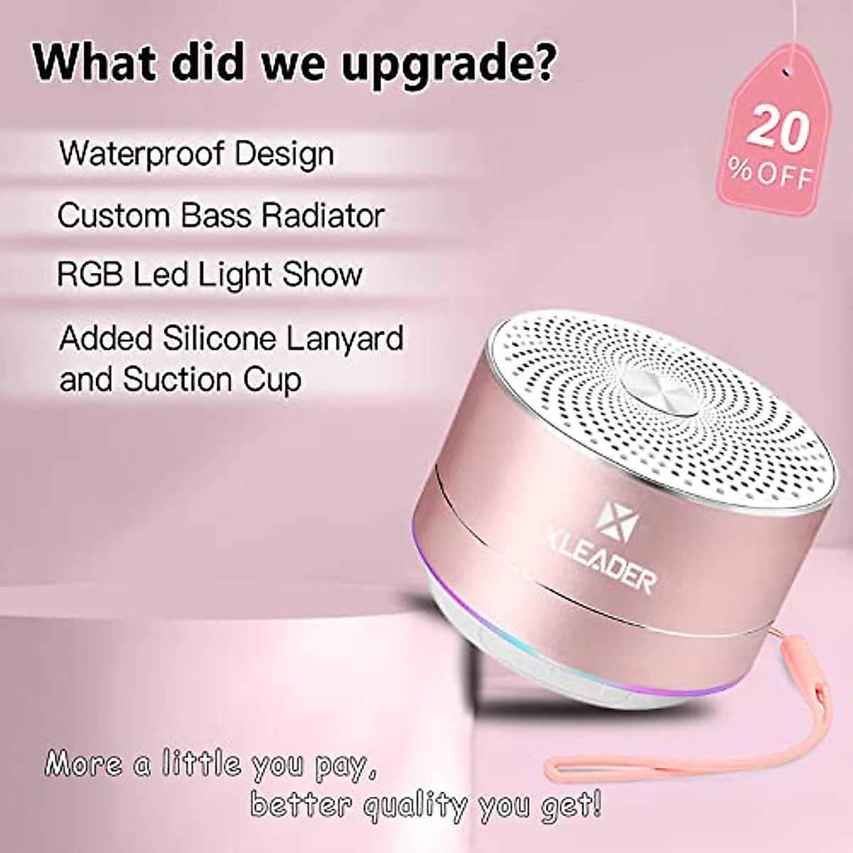 XLEADER Upgraded, Bluetooth Speaker, SoundAngel RGB LED Light Portable Wireless Speaker with Custom Bass Radiator IP67 Waterproof, Mini Speaker for iPhone ipad Shower Girl Women Teen Gifts Rose Gold