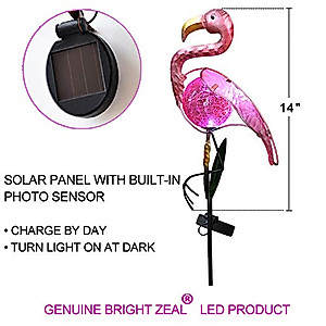 Bright Zeal 14" Tall Metal Pink Flamingo Garden Decor Solar Lights - LED Solar Stake Lights Garden Decorations - Solar Flamingo Lights Outdoor Decorative Stake - Solar Pink Flamingo Yard Ornaments