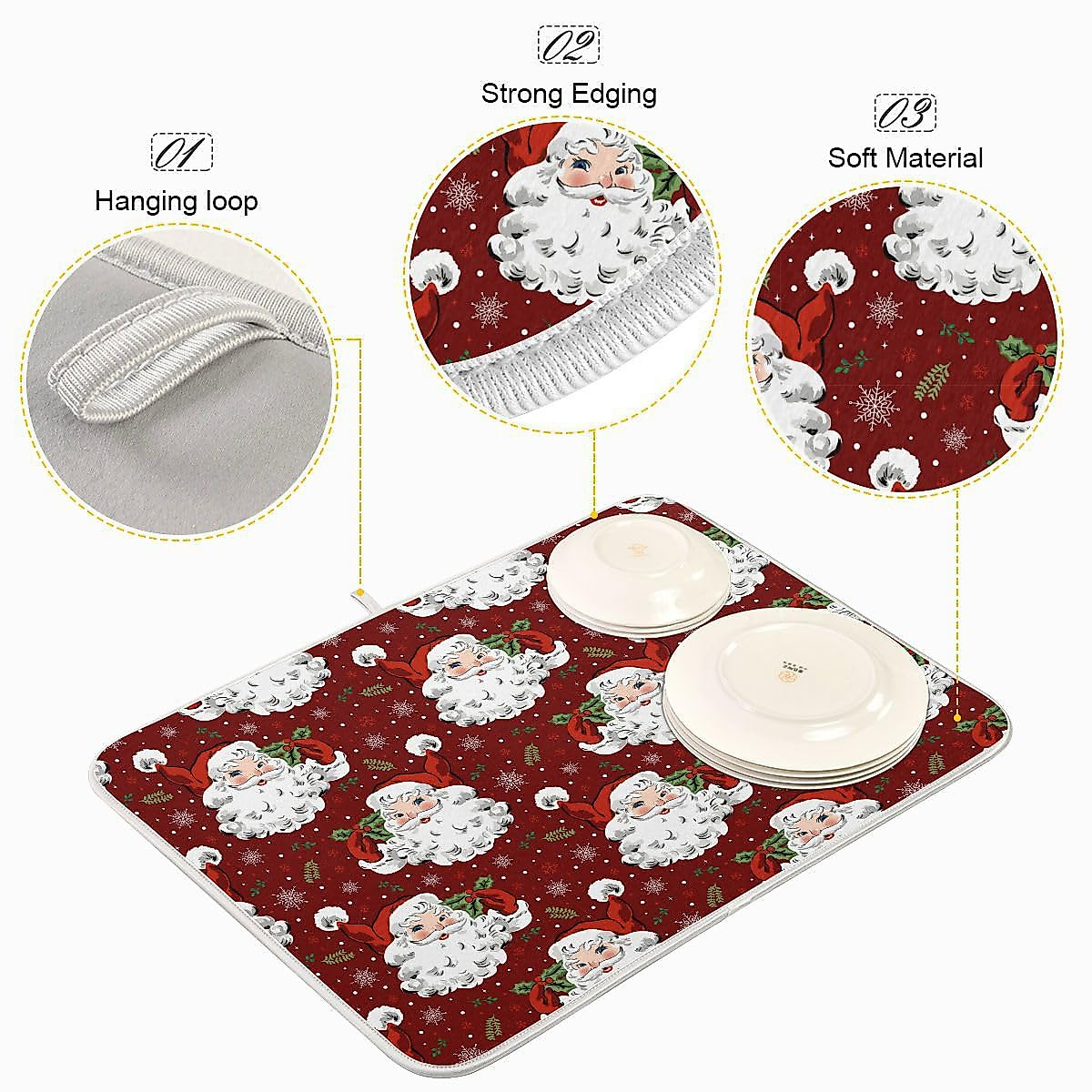 Christmas Santa Claus Red Dish Drying Mat for Kitchen Winter Snowflake Xmas Microfiber Drying Mats Absorbent Reversible Dish Pad Medium Dish Draining Mat 16x18 inch