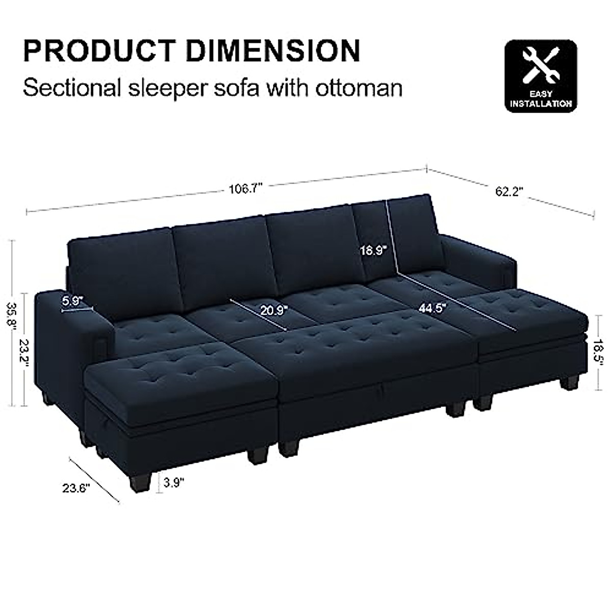 Belffin Velvet Convertible 4-Seat Sectional Sleeper Sofa with Reversible Chaise Sleeper Sectional Couch Bed with Storage Ottoman Sectional Sofa Couch Set Blue