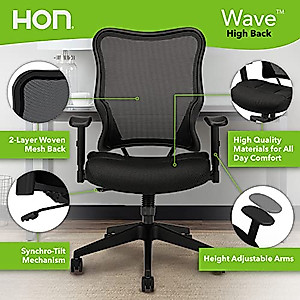 HON Wave Office Chair High Back Mesh Ergonomic Computer Desk Chair - Adjustable Arms & Pneumatic Seat Height, Synchro-Tilt Tension Lock Recline, Comfortable Cushion, 360 Swivel Rolling Wheels - Black