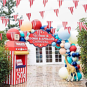 RUBFAC 170ft 120pcs Red and White Striped Pennant Banner, Carnival Circus Decorations Supplies, String Triangle Bunting Flags, Kids Birthday, New Year Eve Celebration Supplies