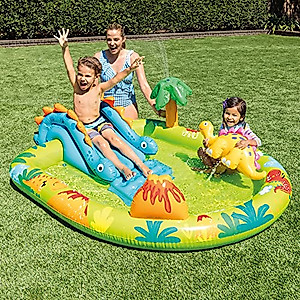 Intex 57166EP Little Dino Dinosaur Themed Inflatable Backyard Pool Play Center with Palm Tree Sprayer, Mini Slide, and Inflatable Dinosaur