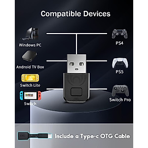 Bluetooth Controller Adapter for PS4/ PS5/ Switch Pro Controller, AOLION Wireless Controller Adapter Compatible with Switch/ Switch Lite/ Windows PC/ Android TV Box/ Steam (Include a Type-c OTG Cable)