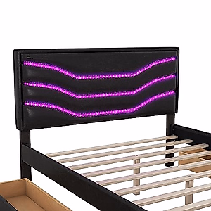 YSWH Queen Size Upholstered Platform Bed, Wood Storage Bed Frame with 4 Drawers, Headboard with LED Lights Strips and USB Charging, Kids Adults Bedroom Furniture Versatility Bed (Black)