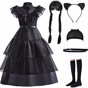 VORLITS Black Halloween Costumes Dress Girls Cosplay Christmas Party With Wigs Belt Socks Cat Ears Headband Wig Cap