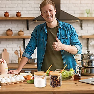 DI QIU REN 2Pack Condiment Canister Pot, Glass Spice Salt Jar Salt Container with Lid & Spoon, 9.5Oz Clear Salt Bowl Salt Dispenser Sugar Dish for Home Kitchen Cafe Table Countertop