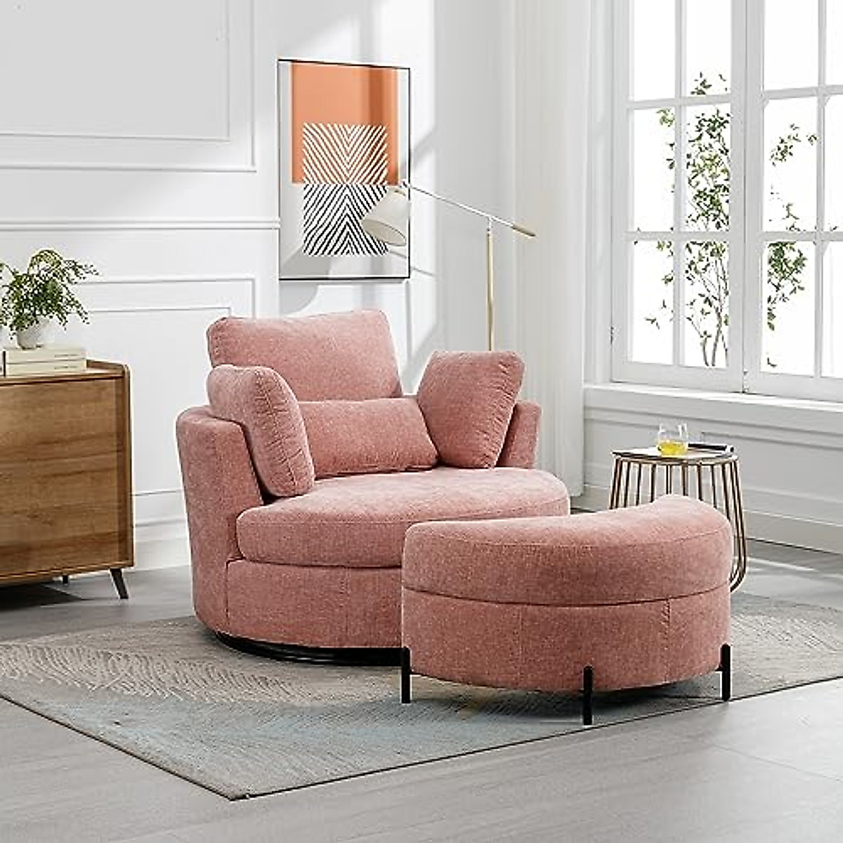 Oversized Swivel Accent Barrel Chair with Storage Bench Large Ottoman+4 Pillows,Comfy Upholstered 360 Recliner Sofa Club Chaise Leisure Round Loveseat Lounge Armchair for Living Room/Hotel/Nursery