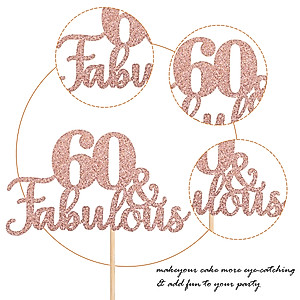1 PCS 60 &amp; Fabulous Cake Topper Glitter Sixty and Fabulous Cake Toppers Happy 60th Birthday Cake Pick for 60th Wedding Anniversary Birthday Party Cake Decorations Supplies Rose Gold