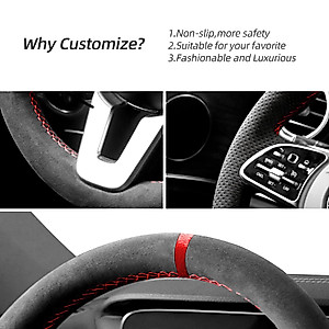 Alfanxi Hand Stitch Sewing Italy Alcantara Car Steering Wheel Cover Wrap for Mercedes-Benz CLA /GLA/GLB /GLC/GLE /GLS (Black Alcantara with Dot+Red Stripe)