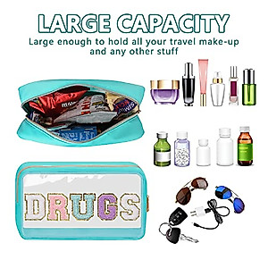 Iqimott Preppy Patch Clear Makeup Bag, Women Chenille Letter Cosmetic Bag for Travel, Nylon Waterproof Organization Outdoor Zipper Pouch Toiletry Bag for Women Girls(Green)