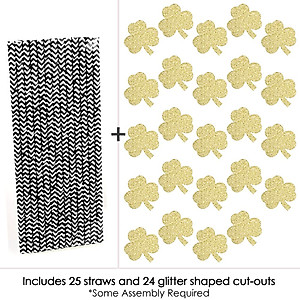 Gold Glitter Shamrocks Party Straws - No-Mess Real Gold Glitter Cut-Outs & Decorative St. Patrick's Day Party Paper Straws - Set of 24