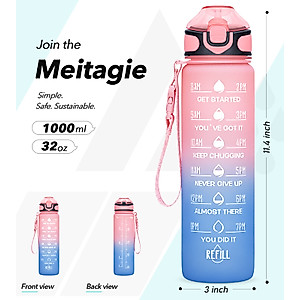 MEITAGIE Water Bottle 32oz with Straw, Motivational Water Bottle with Time Marker & Buckle Strap,Leak-Proof Tritan BPA-Free, Ensure You Drink Enough Water for Fitness, Gym, Camping, Outdoor Sports