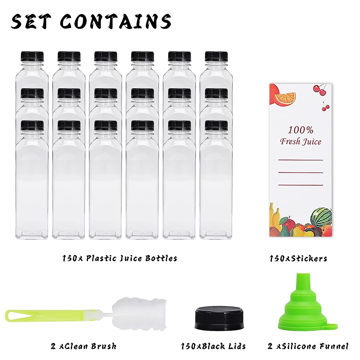 OBKJJ Plastic Juice Bottles 150 pcs 16 oz Empty Plastic Water Bottles with Caps Reusable Clear Beverage Containers for Drinking, Juicing, Smoothie, Water with 2 Brushes, 2 Funnels (16-OZ)