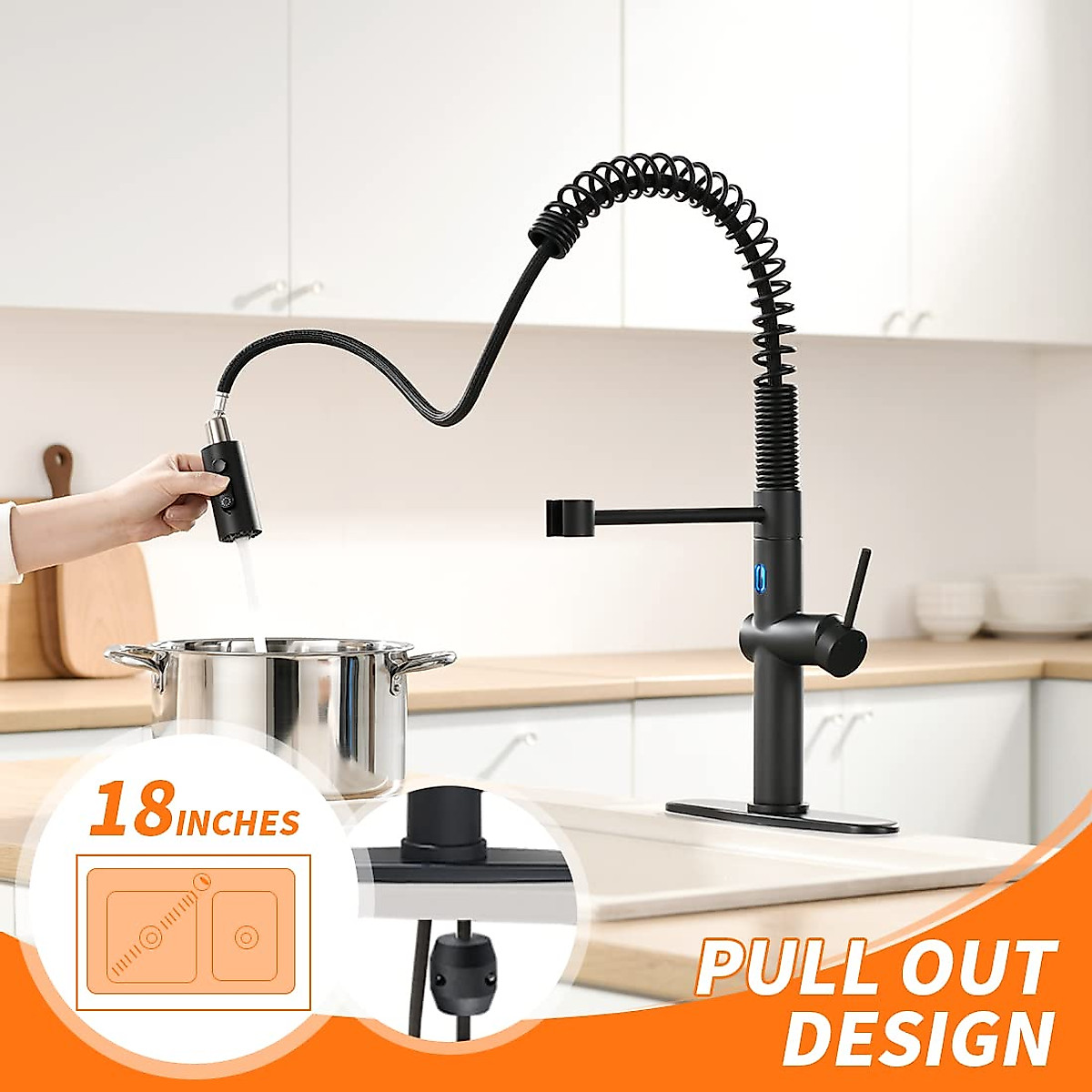 OWOFAN Touchless Kitchen Faucet with Pull Down Sprayer LED Light Single Handle Kitchen Sink Faucet Motion Sensor Smart Hands-Free, Stainless Steel Black 1075R