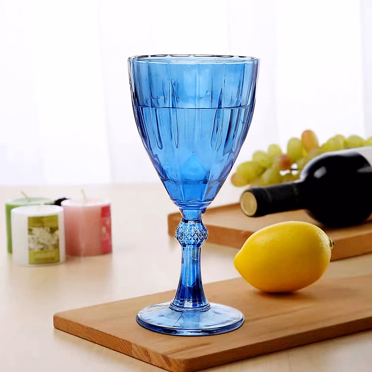 Clear Glass Goblet , Set of 6 Drinking Glasses with Stem , 10 oz Embossed Design | Wedding, Party Glass Set of 6 for Wine or Water (Multi-Color)