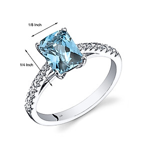 PEORA Swiss Blue Topaz with White Topaz Venetian Solitaire Ring for Women 14K White Gold, Genuine Gemstone Birthstone, 1.75 Carats Radiant Cut 8x6mm, Size 6