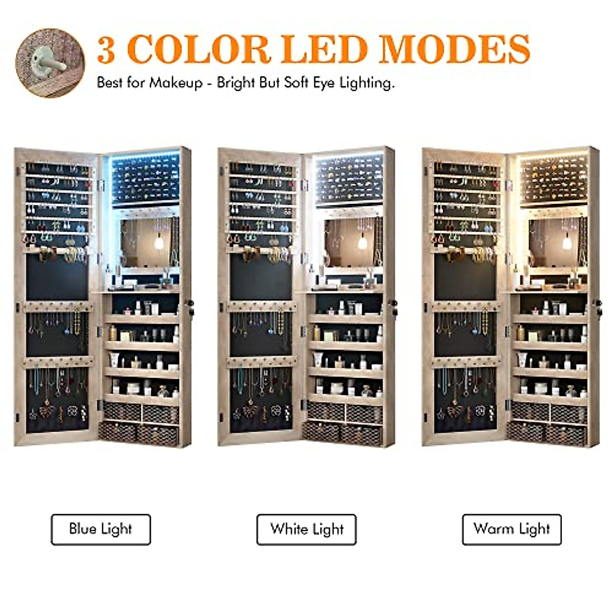 Vlsrka Mirror Jewelry Cabinet, Upgraded 3 LED Lights Wall/Door Mounted Jewelry Armoire Organizer, 47.2" Full Length Mirror with Storage, Built-in Lighted Mirror, 4 Drawers, 5 Shelves, Lockable, Wood