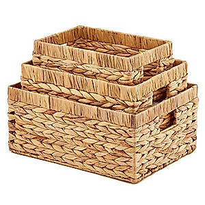 EZOWare Set of 3 Natural Water Hyacinth Wicker Baskets, Environmental Friendly Natural Storage Organizer Nesting Boxes with Handle - Mixed Size (1 Large, 1 Medium, 1 Small)