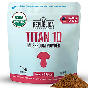 LRLA SUPERFOODS La Republica Titan 10 Organic Mushroom Powder for Focus, Immunity, Energy, Gut Health, and Skin (85 Servings, 3 oz)