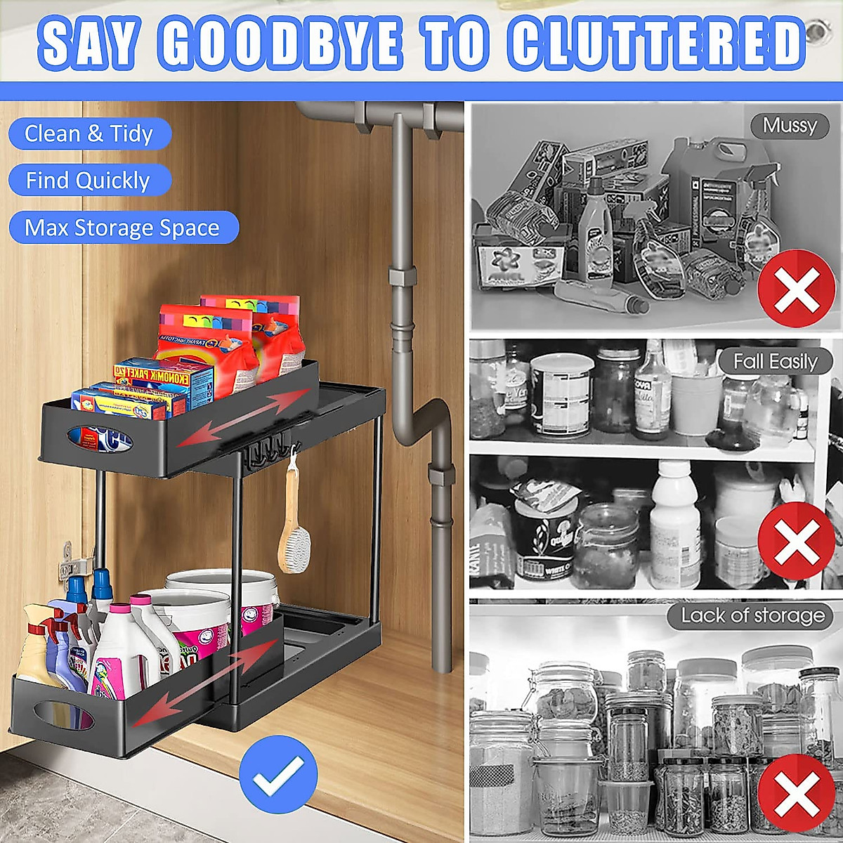 Zubxoal Bathroom Organizer Under Sink, 2 Tier Under Kitchen Sink Organizers and Storage, Under Sink Shelf with 4 Hook, Easy Cleaning Pull Out Bathroom Cabinet Organizers