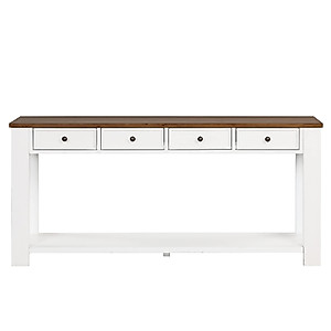 Lecafur HL 64" Entryway Console Table with 4 Drawers and Bottom Shelf Rustic Farmhouse Solid Wood Entryway Table Extra Long Sofa Table for Living Room Hallway Bedroom Foyer(Antique White+ Brown Top)