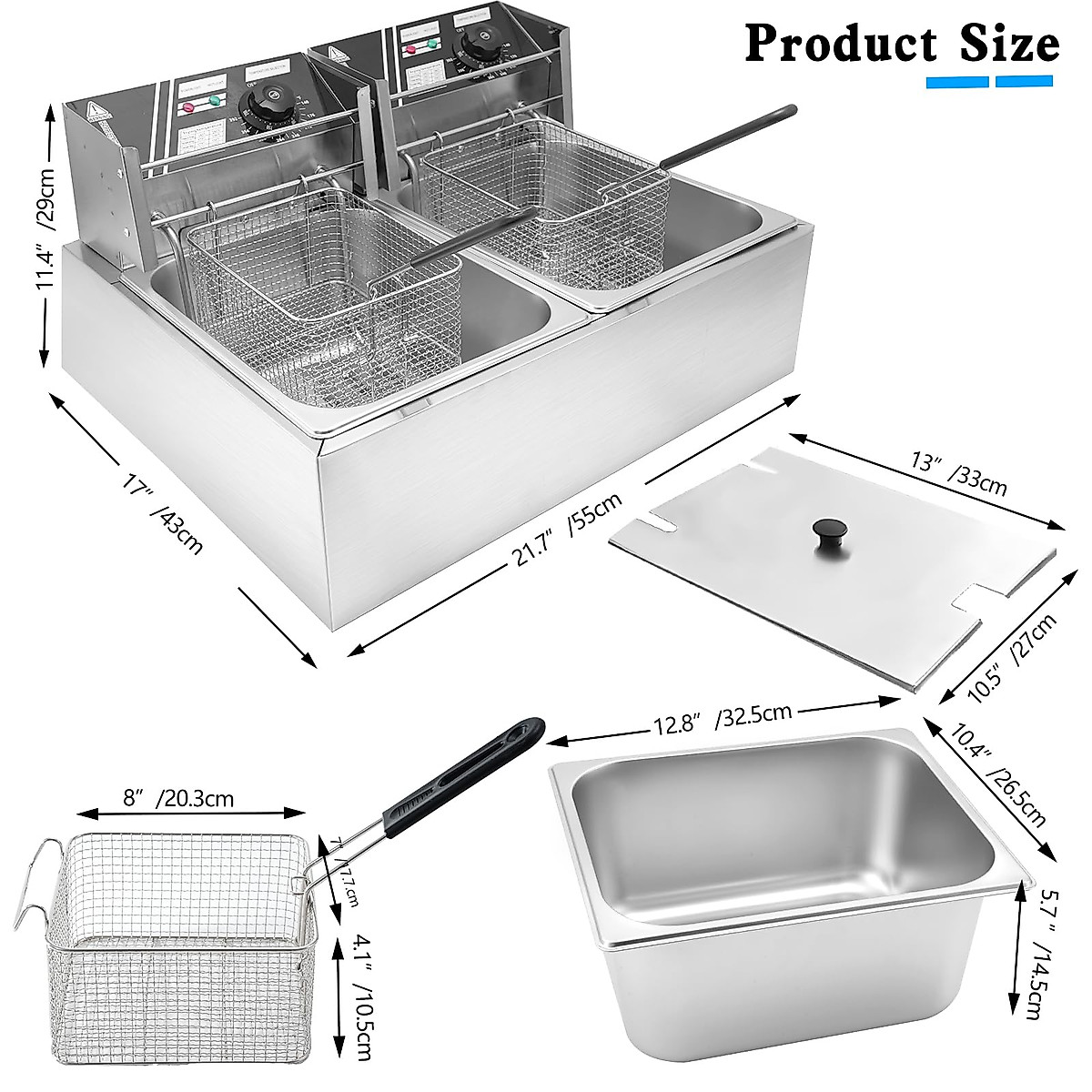 Jacgood Electric Deep Fryer, 20.72 QT Commercial Deep Fryer with Temperature Control and Removable Frying Basket and Easy to Clean Stainless Steel Body, Silver for Commercial and Domestic Kitchens